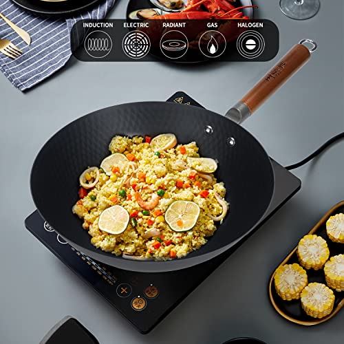 WANGYUANJI Iron Wok,12" Lightweight Woks and Stir Fry Pans with Lid,Wooden Handle Carbon Steel Wok No Chemical Coated Flat Bottom Wok for Induction, Electric, Gas, Halogen All Stoves