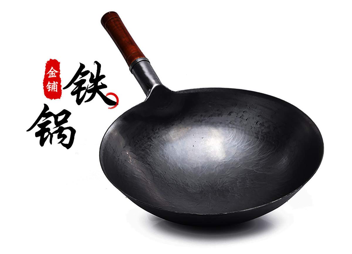 SERENITA Chinese 100% Hand Hammered Iron Woks Stir Fry Pans, Non-stick, No Coating, Less Oil, Black Seasoned Wooden handle (Pro-30cm)