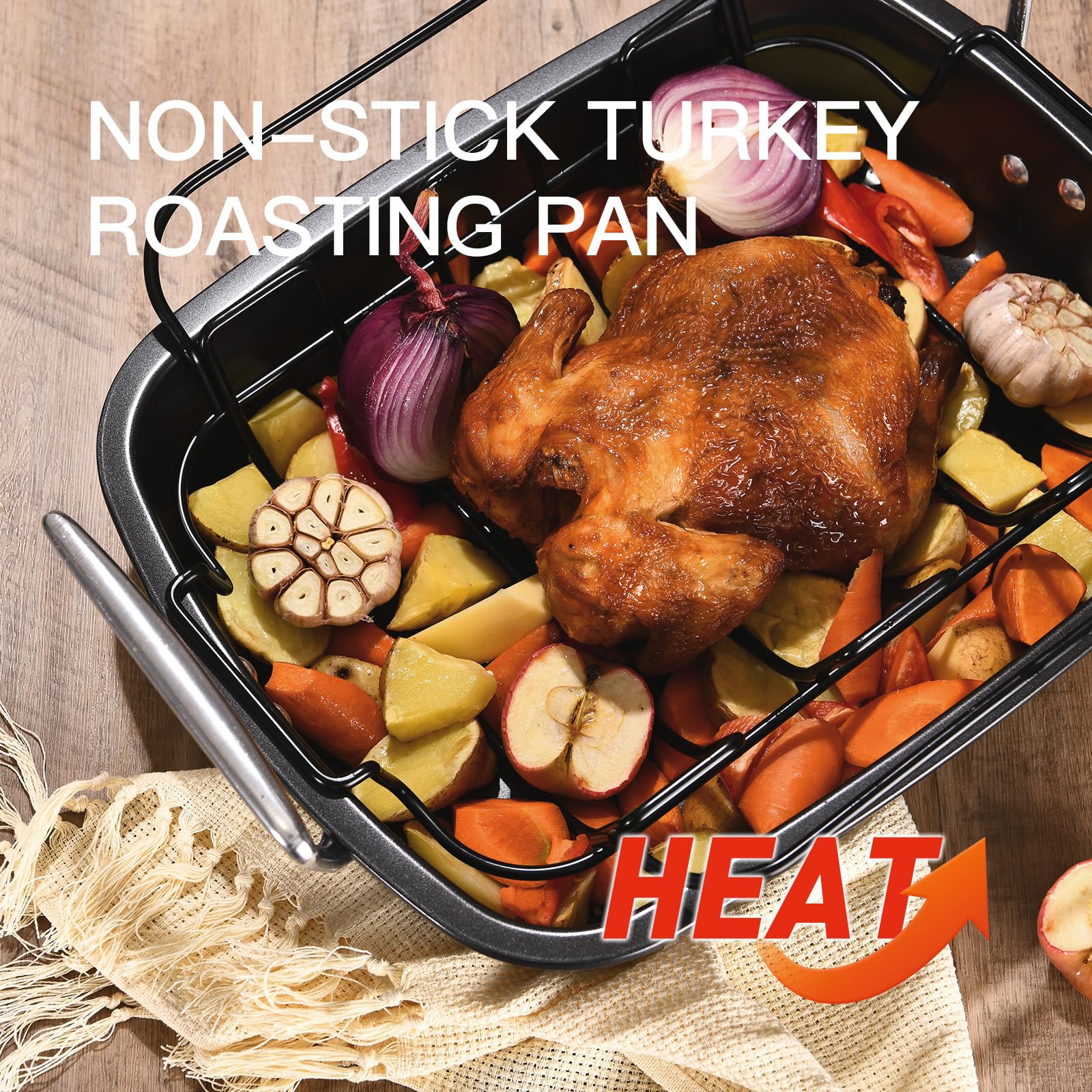 HONGBAKE Nonstick Turkey Roasting Pan with Rack, 17 x 13 Inch Large Chicken Roaster Pan for Oven, Suitable for 25lb Turkey, Heavy Duty, Dark Grey