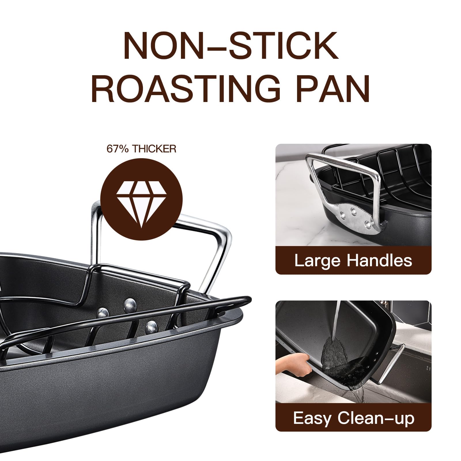 HONGBAKE Nonstick Turkey Roasting Pan with Rack, 17 x 13 Inch Large Chicken Roaster Pan for Oven, Suitable for 25lb Turkey, Heavy Duty, Dark Grey