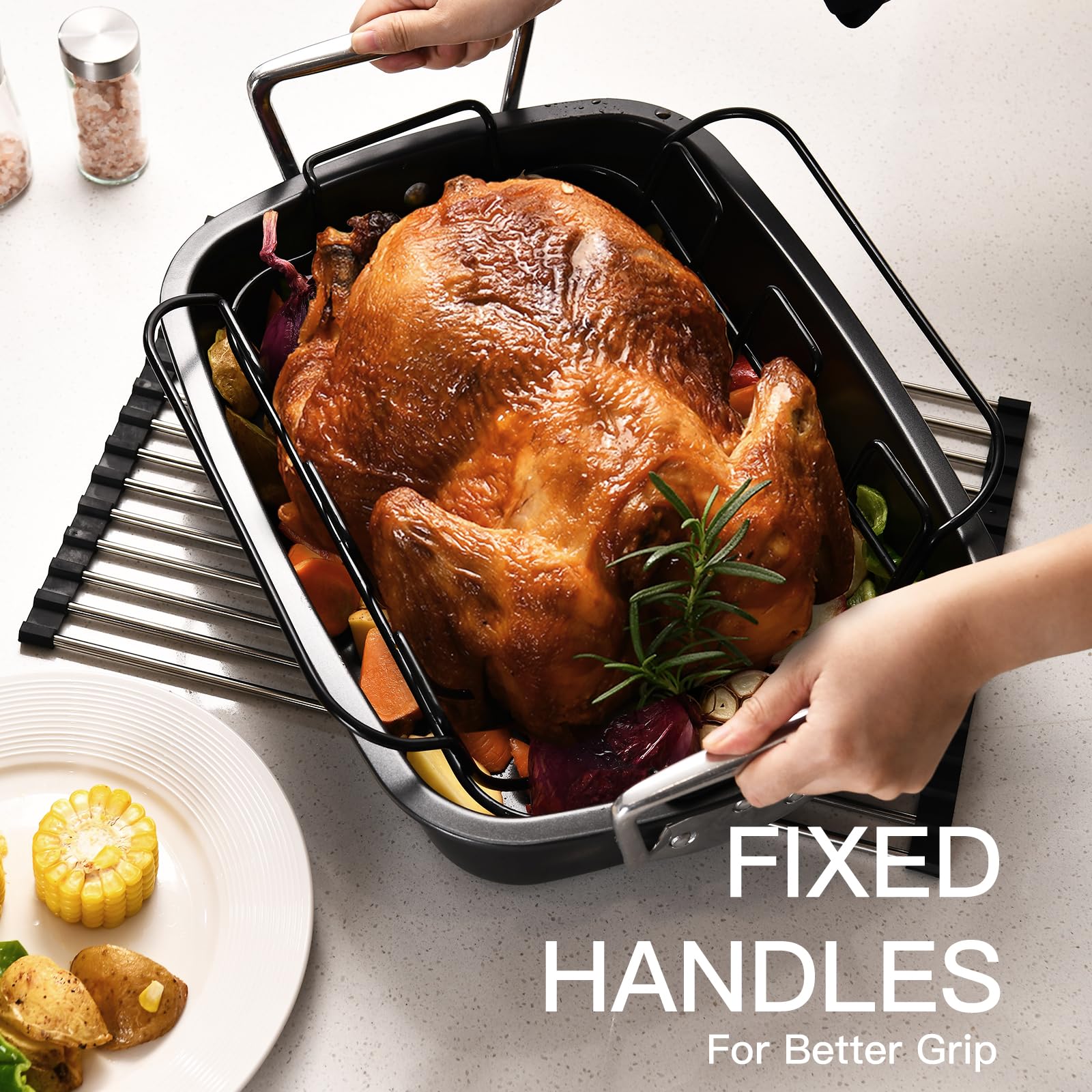 HONGBAKE Nonstick Turkey Roasting Pan with Rack, 17 x 13 Inch Large Chicken Roaster Pan for Oven, Suitable for 25lb Turkey, Heavy Duty, Dark Grey