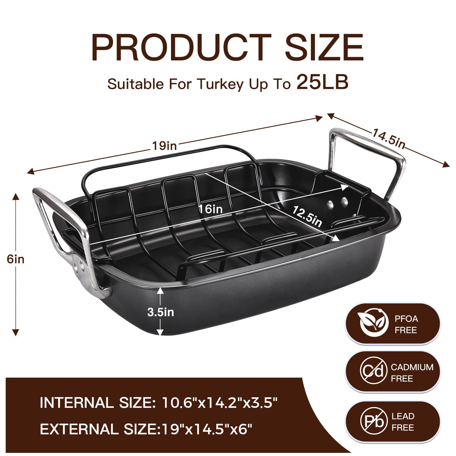 HONGBAKE Nonstick Turkey Roasting Pan with Rack, 17 x 13 Inch Large Chicken Roaster Pan for Oven, Suitable for 25lb Turkey, Heavy Duty, Dark Grey