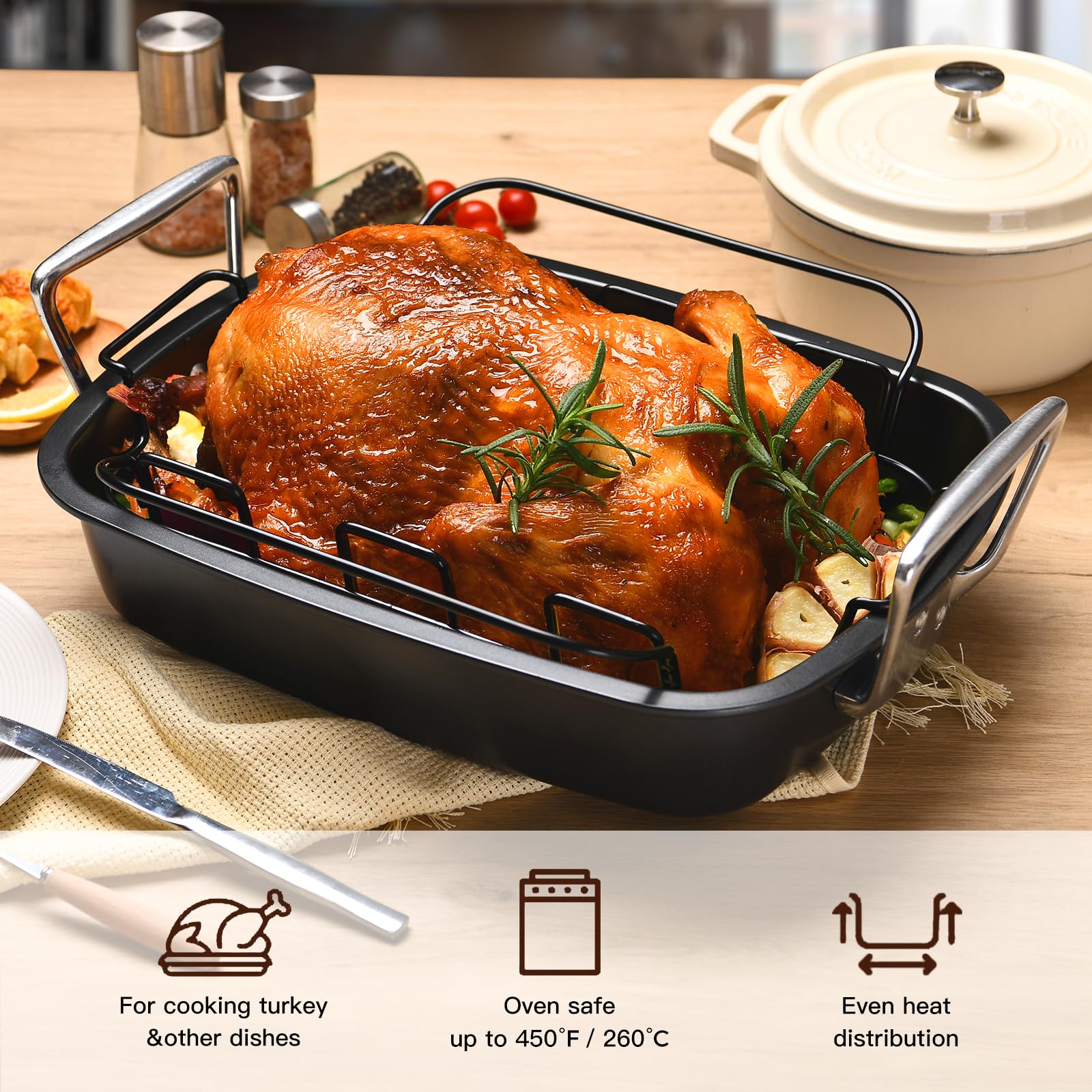 HONGBAKE Nonstick Turkey Roasting Pan with Rack, 17 x 13 Inch Large Chicken Roaster Pan for Oven, Suitable for 25lb Turkey, Heavy Duty, Dark Grey