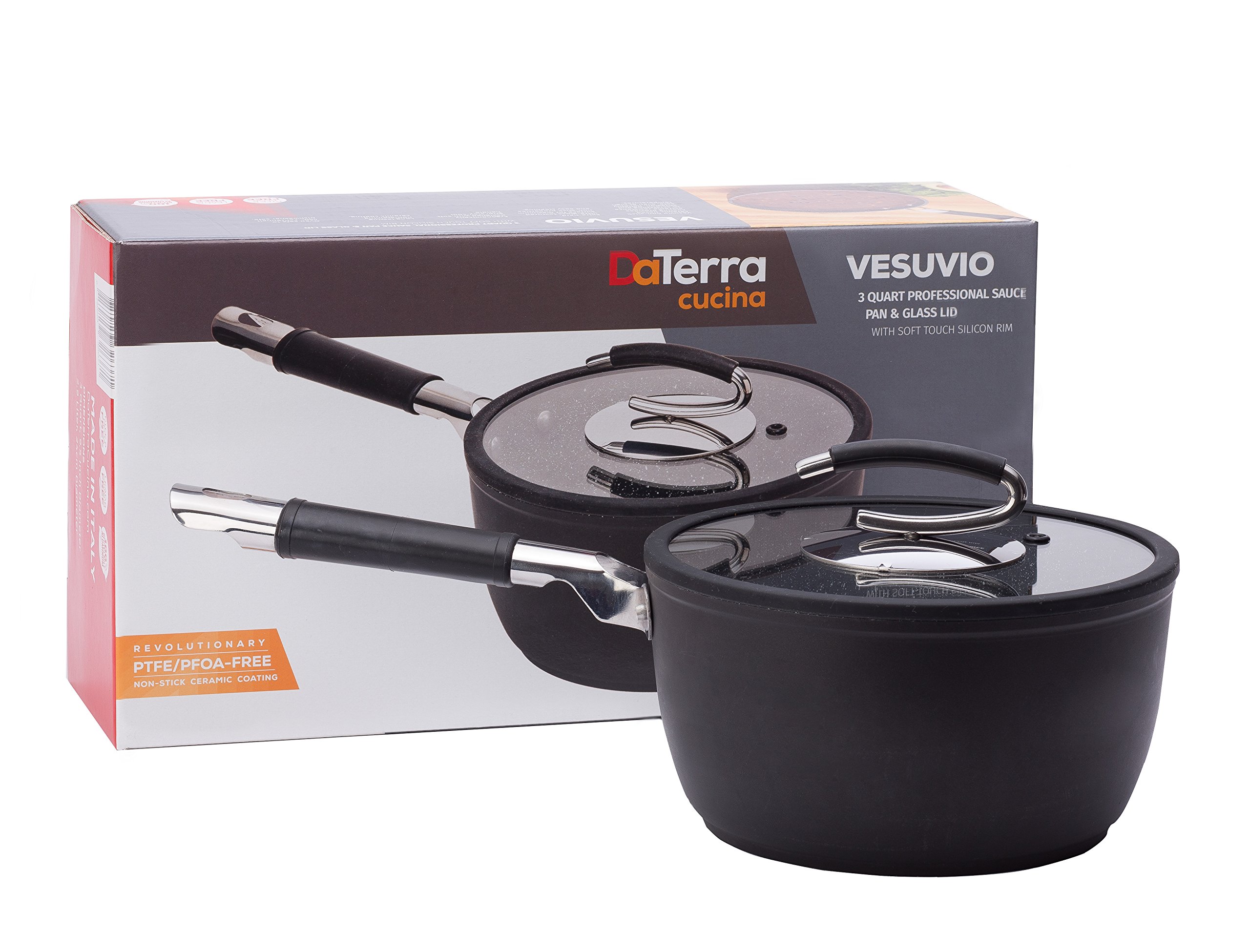 Vesuvio Ceramic Coated Nonstick Induction Compatible Sauce Pan, 2.6 Quart | Heat Resistant Silicone Handle | Durable, High Heat Aluminum Base with No PTFE, PFOA, Lead | Oven Safe | Made In Italy