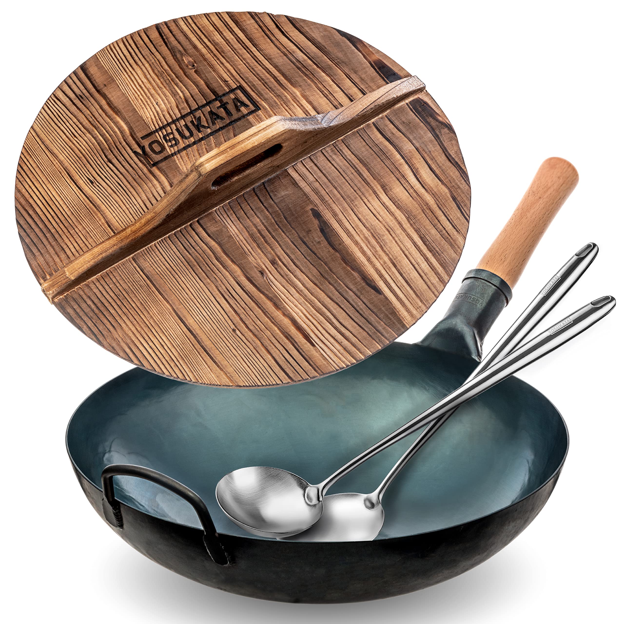 YOSUKATA Blue Round Bottom Wok Pan – 14" Woks and Stir Fry Pans With Cast Iron Wok Cover - 17’’ Wok Spatula and Ladle - Set of 2 Heat-Resistant Wok Tools- Wooden Wok Lid 14 in with Ergonomic Handle