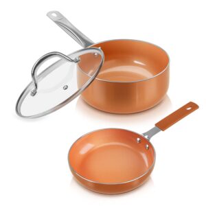 shineuri 3 pieces mini copper pot with lid, nonstick pan ceramic pot small copper pan nonstick pot with lid, ceramic pan small pot and pan min pot and pan set - 6 1/2 inch fry pan & 3qt pot with lid