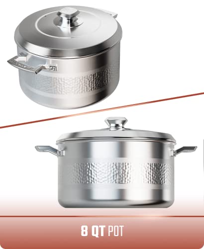 Dalstrong Stock Pot - 8 Quart - The Avalon Series - 5-Ply Copper Core Cookware - Cooking Pot - Hammered Finish Sauce Pot - Premium Silver Pots and Pans - Dutch Oven Pot with Lid & Pot Protector