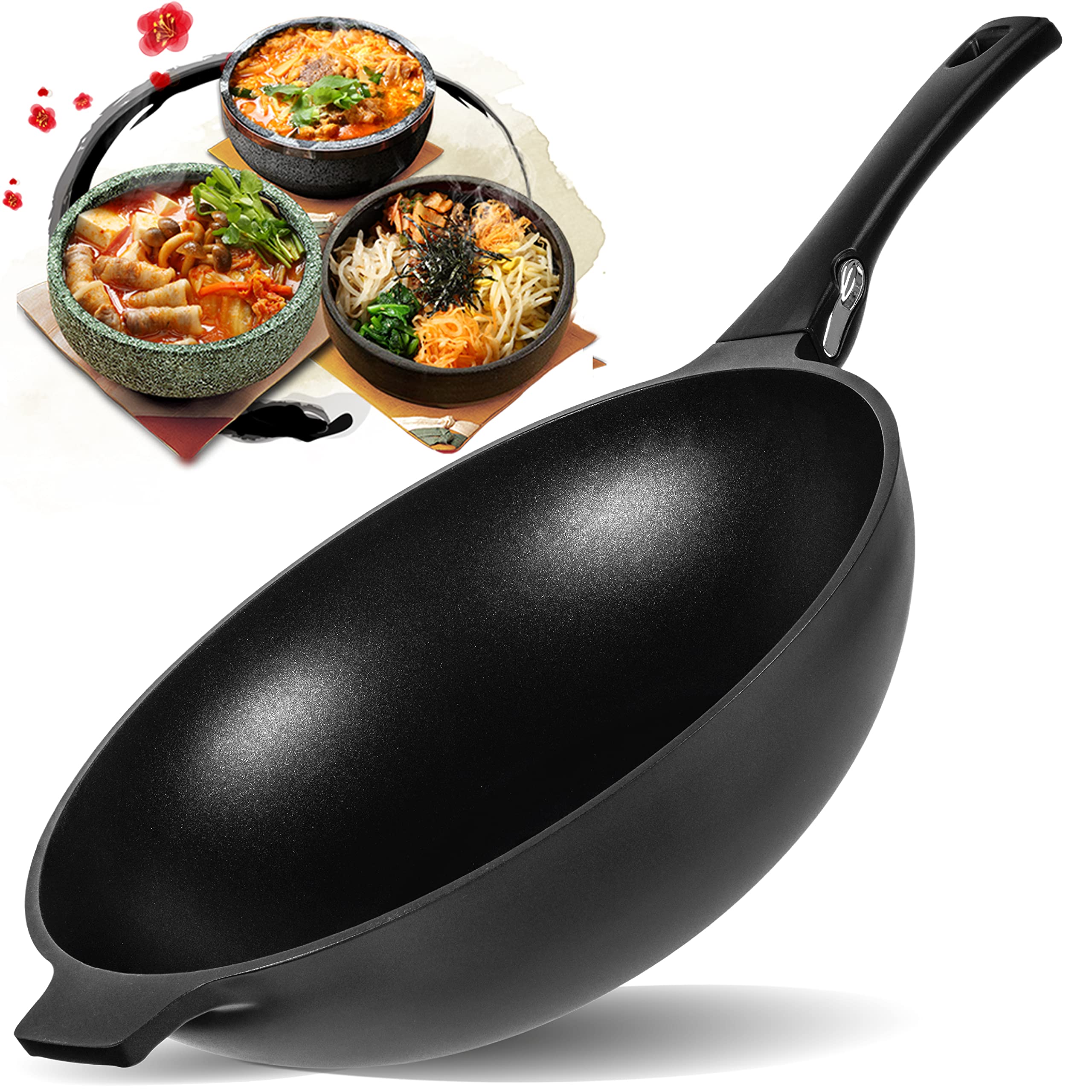 dokaworld Aluminum Nonstick Wok 12 in - Woks and stir fry pans - Non-stick Wok - Wok Pan Detachable Handle - Large Cooking Wok Frying Pan - Flat Bottom Wok - Induction Wok - Stir Fry Wok