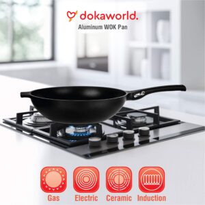 dokaworld Aluminum Nonstick Wok 12 in - Woks and stir fry pans - Non-stick Wok - Wok Pan Detachable Handle - Large Cooking Wok Frying Pan - Flat Bottom Wok - Induction Wok - Stir Fry Wok