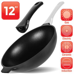 dokaworld Aluminum Nonstick Wok 12 in - Woks and stir fry pans - Non-stick Wok - Wok Pan Detachable Handle - Large Cooking Wok Frying Pan - Flat Bottom Wok - Induction Wok - Stir Fry Wok