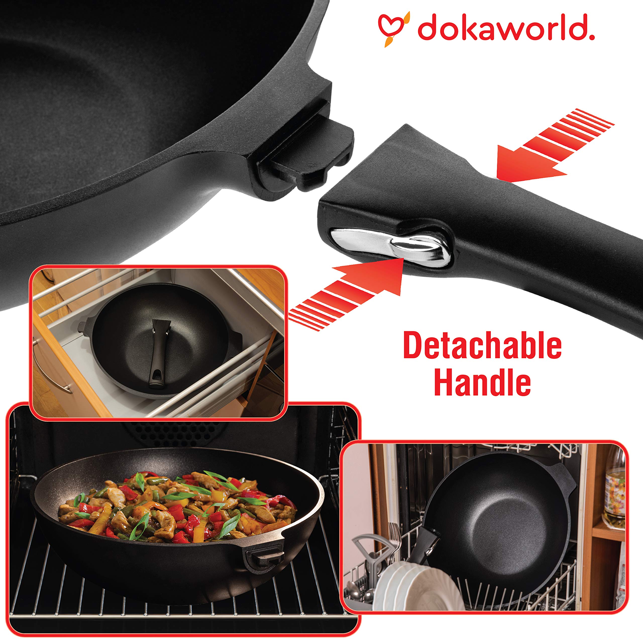 dokaworld Aluminum Nonstick Wok 12 in - Woks and stir fry pans - Non-stick Wok - Wok Pan Detachable Handle - Large Cooking Wok Frying Pan - Flat Bottom Wok - Induction Wok - Stir Fry Wok