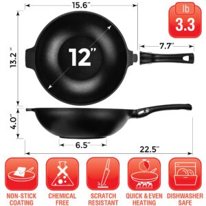 dokaworld Aluminum Nonstick Wok 12 in - Woks and stir fry pans - Non-stick Wok - Wok Pan Detachable Handle - Large Cooking Wok Frying Pan - Flat Bottom Wok - Induction Wok - Stir Fry Wok