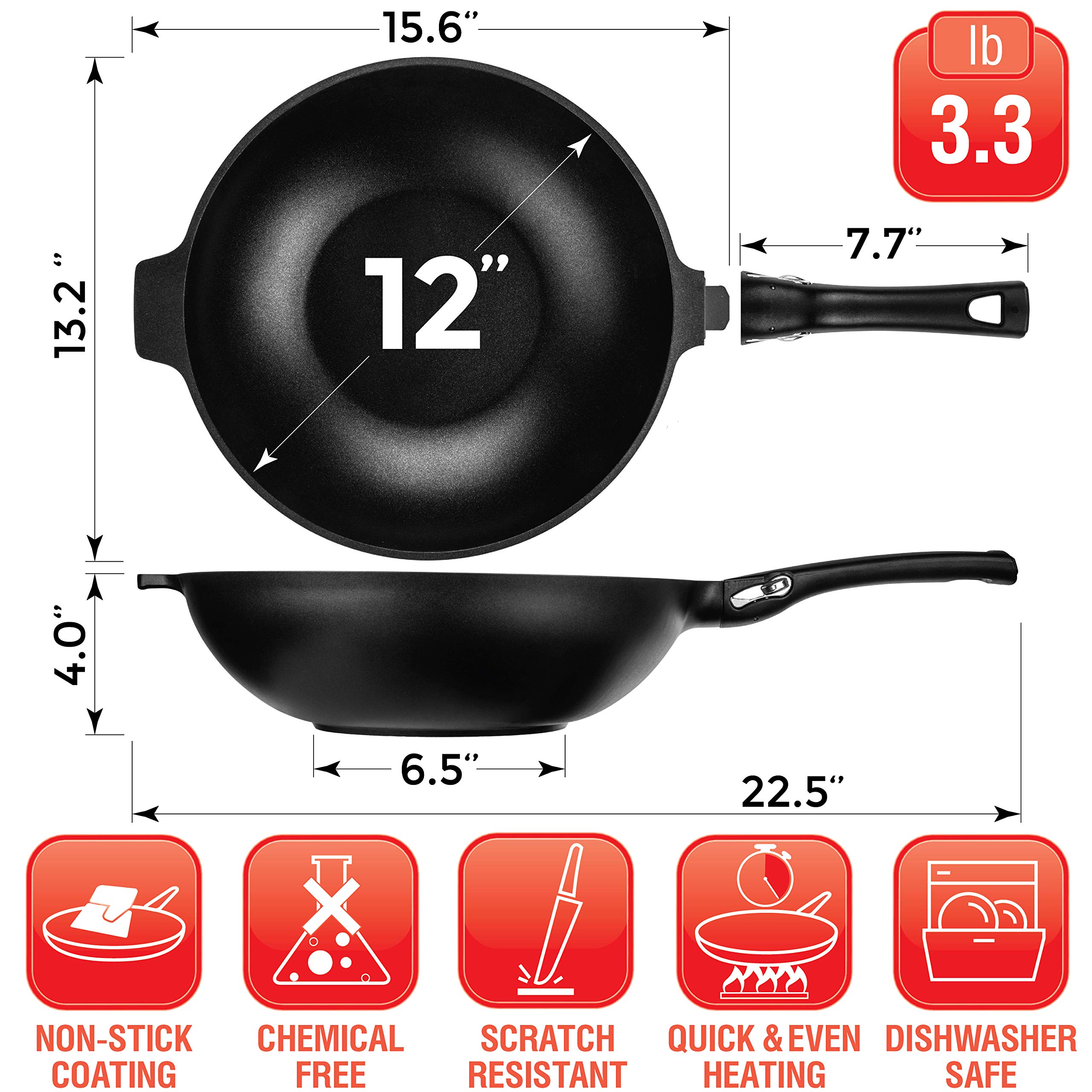 dokaworld Aluminum Nonstick Wok 12 in - Woks and stir fry pans - Non-stick Wok - Wok Pan Detachable Handle - Large Cooking Wok Frying Pan - Flat Bottom Wok - Induction Wok - Stir Fry Wok