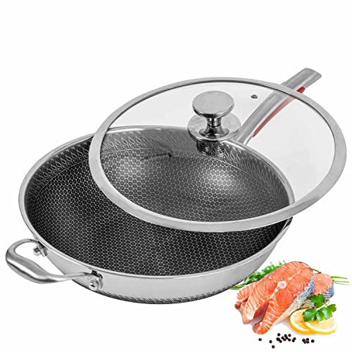 AUDANNE Wok Pans with Lid, 12.6 inch Large Stainless Steel Honeycomb Skillet with Handle - PFAS & PFOA Free, Induction Cooking Fry Woks, Black 12.6"