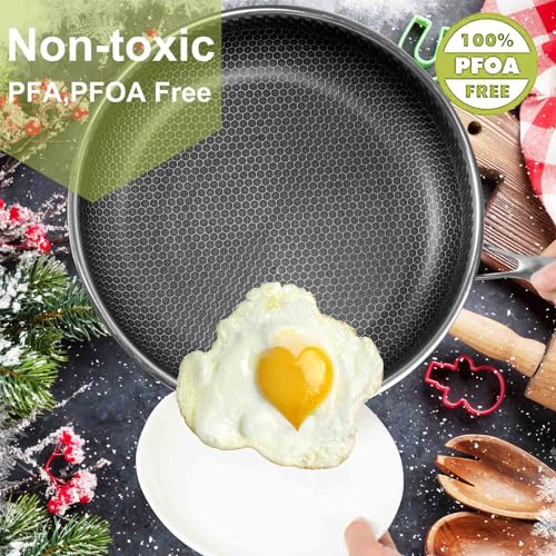 AUDANNE Wok Pans with Lid, 12.6 inch Large Stainless Steel Honeycomb Skillet with Handle - PFAS & PFOA Free, Induction Cooking Fry Woks, Black 12.6"