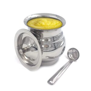 earthvision stainless steel ghee storage pot set with lid and spoon, clarified butter storage pot, ghee container, oil keeper, oil container with lid for pooja oil storage pot 15.21 oz