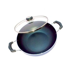 induction base deep kadai non-stick aluminium kadhai deep fry pan nonstick 2.2 litre kadhai with glass lid 240 mm 9.5 inches(induction and gas compatible)