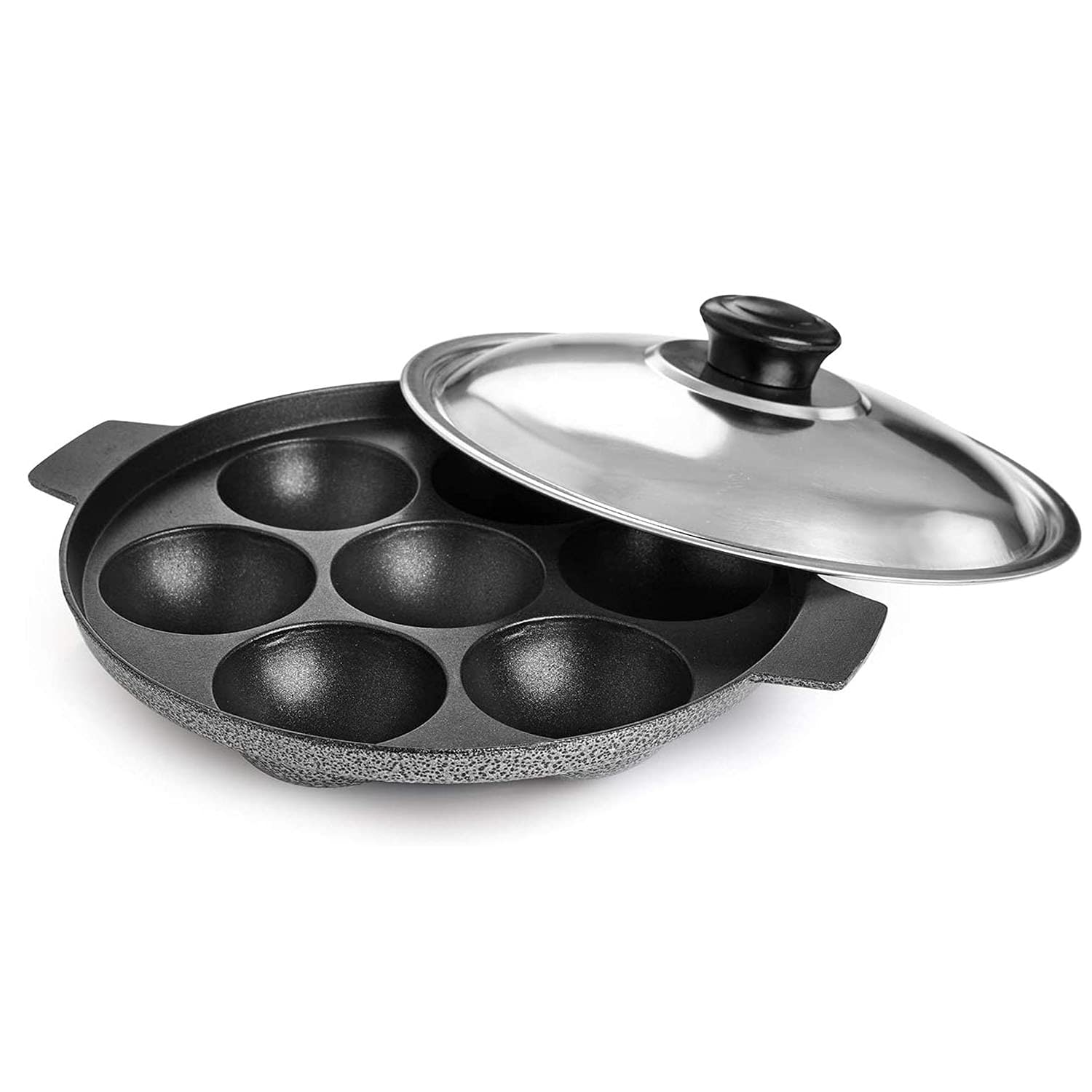 DBY Appam Patra Paniyaral Non-Stick Paniyaram Paniyarakkal Aebleskiver Pan with Stainless Steel Lid 7 Balls