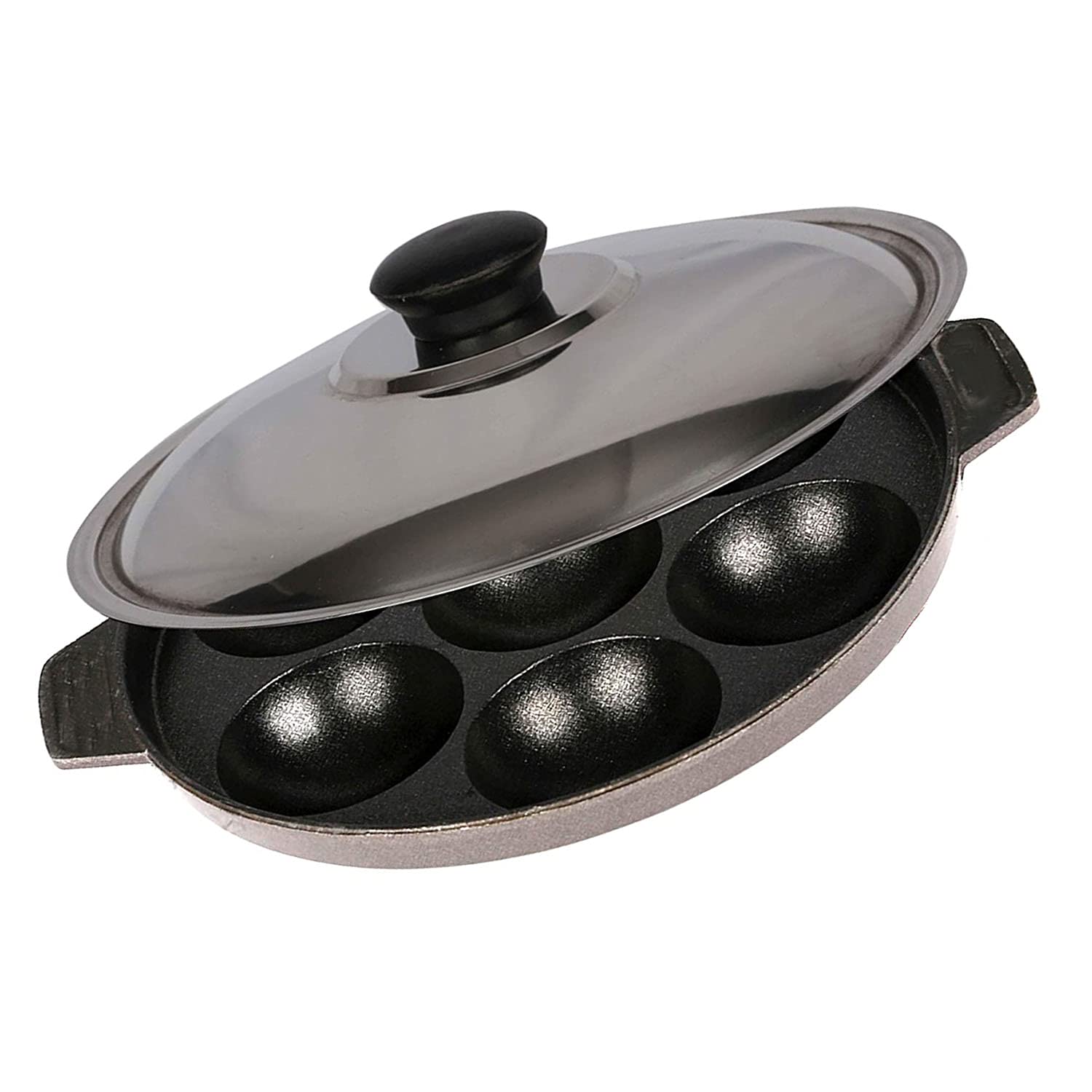 DBY Appam Patra Paniyaral Non-Stick Paniyaram Paniyarakkal Aebleskiver Pan with Stainless Steel Lid 7 Balls