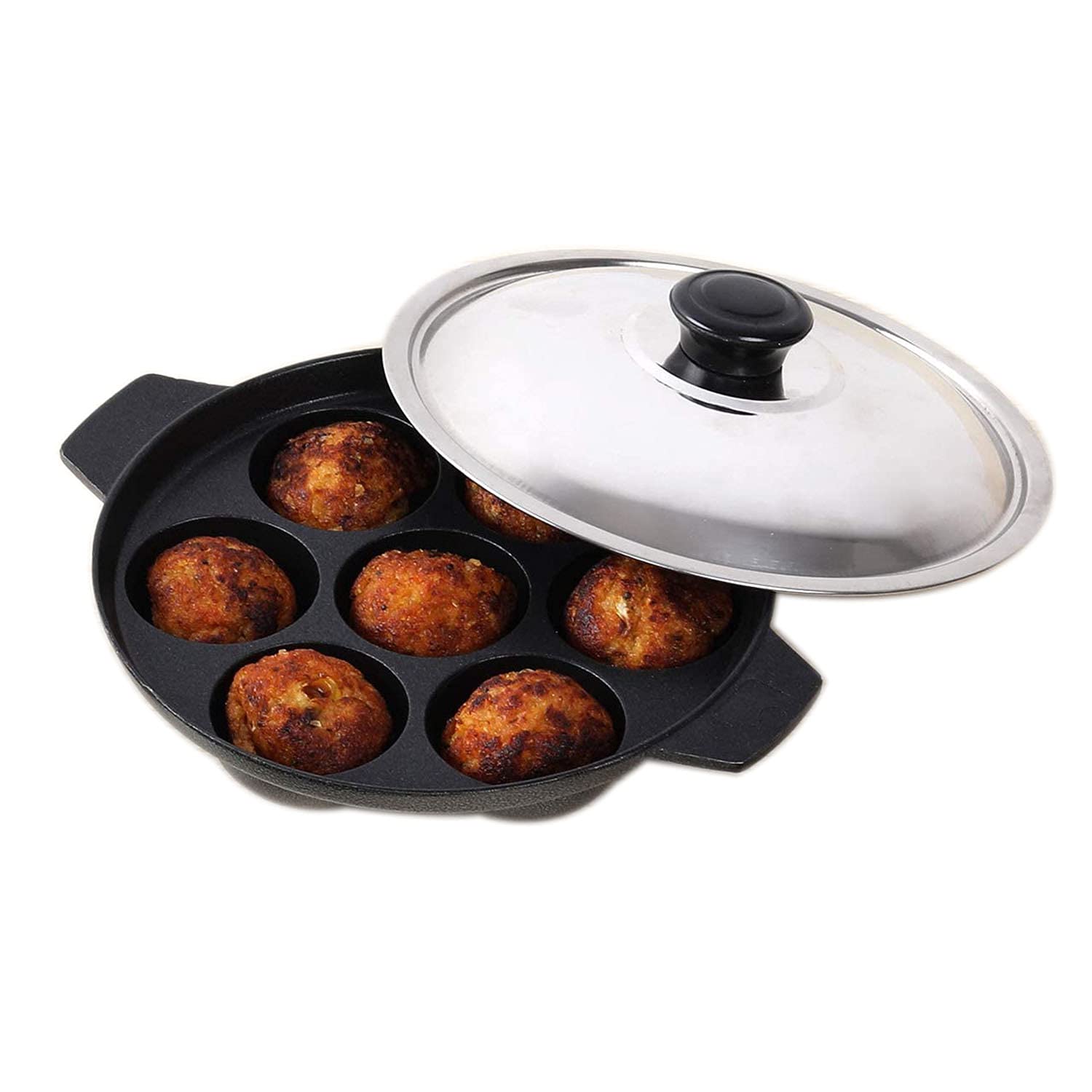 DBY Appam Patra Paniyaral Non-Stick Paniyaram Paniyarakkal Aebleskiver Pan with Stainless Steel Lid 7 Balls