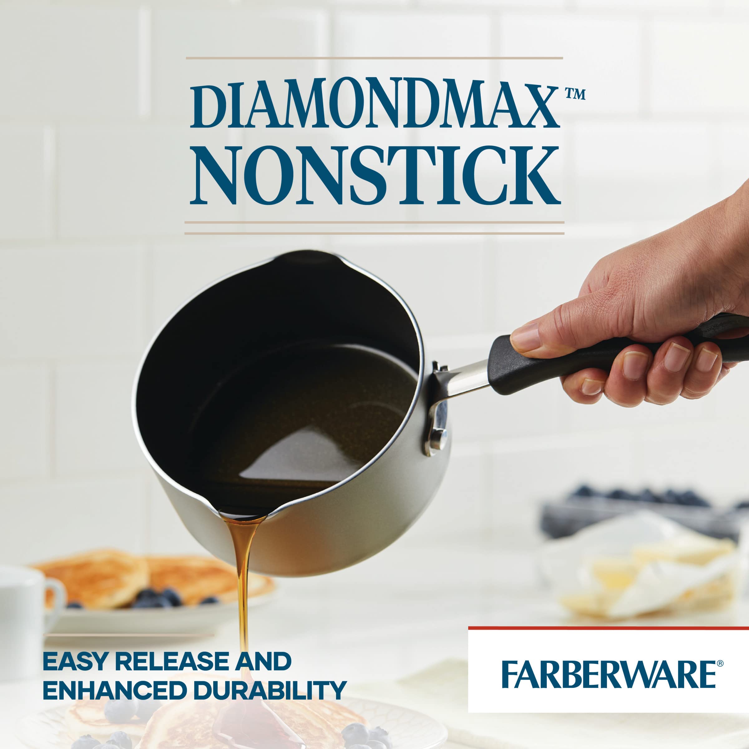 Farberware Cookstart DiamondMax Nonstick Straining Saucepan, Dishwasher Safe, 1 Quart, Silver