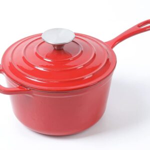 HAWOK Enameled Cast Iron Saucepan, 2QT Saucepan with Lid and Long Handle, Red