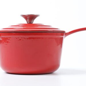 HAWOK Enameled Cast Iron Saucepan, 2QT Saucepan with Lid and Long Handle, Red