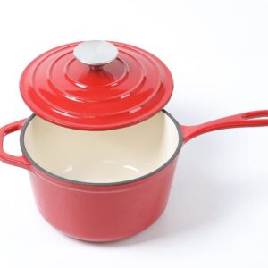 HAWOK Enameled Cast Iron Saucepan, 2QT Saucepan with Lid and Long Handle, Red