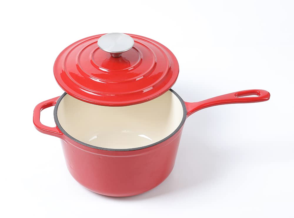 HAWOK Enameled Cast Iron Saucepan, 2QT Saucepan with Lid and Long Handle, Red