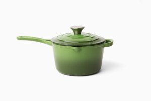 larder & vine 2.2 quart enameled cast iron saucepan with lid, cast iron pan with pour spouts, ergonomic handle, helper handle, stainless steel knob, self-basting lid with drip bumps (okra)