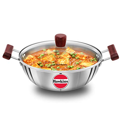 HAWKINS Tri-Ply Stainless Steel Induction Compatible Deep Kadhai (Deep-Fry Pan) with Glass Lid, Capacity 4 Litre, Diameter 28 cm, Thickness 3 mm, Silver (SSK40G)