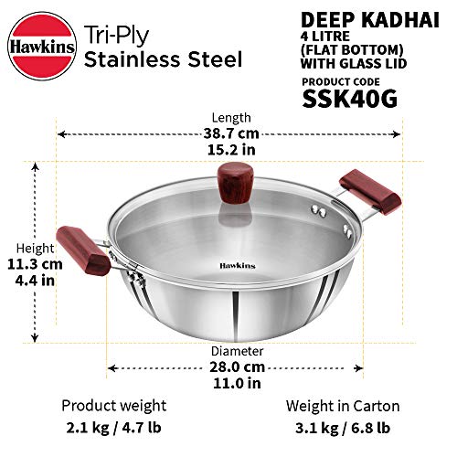 HAWKINS Tri-Ply Stainless Steel Induction Compatible Deep Kadhai (Deep-Fry Pan) with Glass Lid, Capacity 4 Litre, Diameter 28 cm, Thickness 3 mm, Silver (SSK40G)