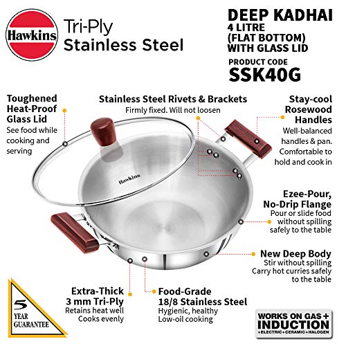 HAWKINS Tri-Ply Stainless Steel Induction Compatible Deep Kadhai (Deep-Fry Pan) with Glass Lid, Capacity 4 Litre, Diameter 28 cm, Thickness 3 mm, Silver (SSK40G)