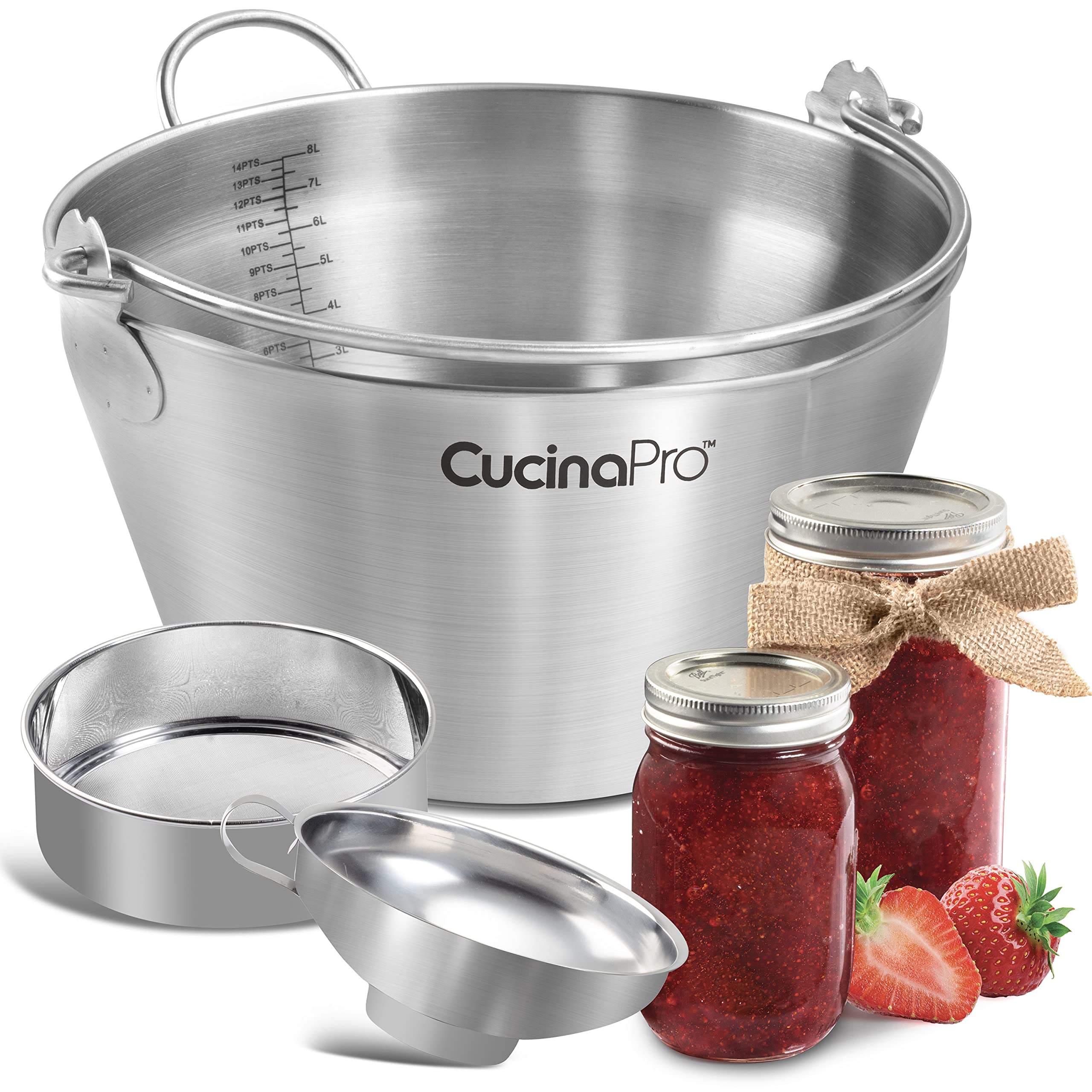 2 Gallon Stainless Steel Maslin Jam Pan, 8 Quarts- Pot includes Strainer Funnel Side Handle Pouring Spout- Graduated Concise Measuring Lines- Make Berry Jellies Jams Marmalades Sauce for Holiday Pies