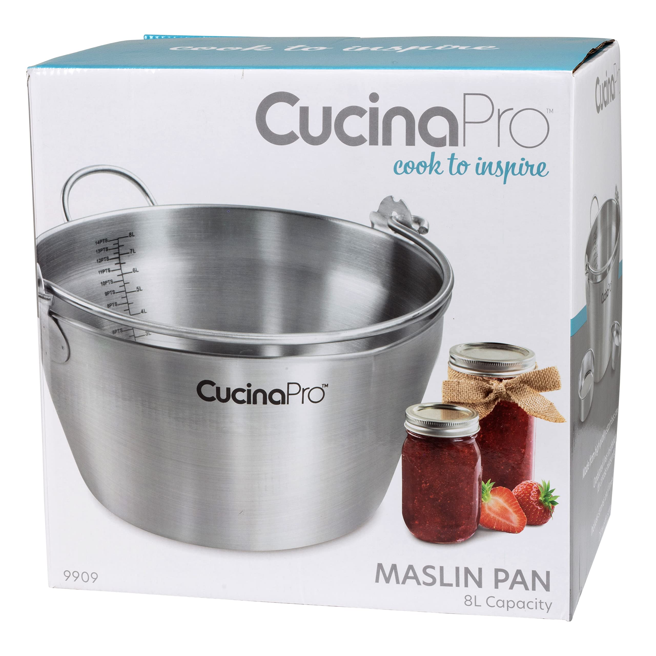 2 Gallon Stainless Steel Maslin Jam Pan, 8 Quarts- Pot includes Strainer Funnel Side Handle Pouring Spout- Graduated Concise Measuring Lines- Make Berry Jellies Jams Marmalades Sauce for Holiday Pies