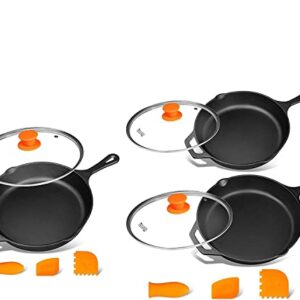 MICHELANGELO Cast Iron Skillet Set 8 Inch & 10 Inch &12 Inch, Preseasoned Cast Iron Skillets With Lid, Iron Skillets for Cooking with Silicone Handle & Scrapers, 8'' & 10" & 12"