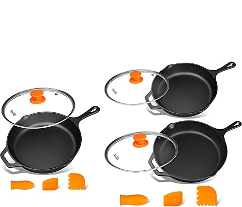 MICHELANGELO Cast Iron Skillet Set 8 Inch & 10 Inch &12 Inch, Preseasoned Cast Iron Skillets With Lid, Iron Skillets for Cooking with Silicone Handle & Scrapers, 8'' & 10" & 12"