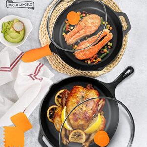 MICHELANGELO Cast Iron Skillet Set 8 Inch & 10 Inch &12 Inch, Preseasoned Cast Iron Skillets With Lid, Iron Skillets for Cooking with Silicone Handle & Scrapers, 8'' & 10" & 12"