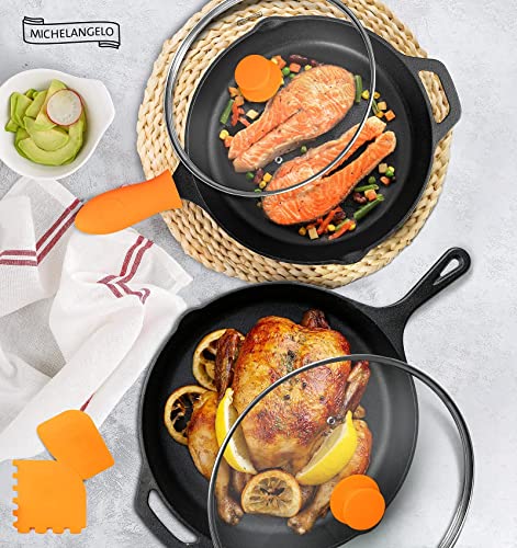 MICHELANGELO Cast Iron Skillet Set 8 Inch & 10 Inch &12 Inch, Preseasoned Cast Iron Skillets With Lid, Iron Skillets for Cooking with Silicone Handle & Scrapers, 8'' & 10" & 12"