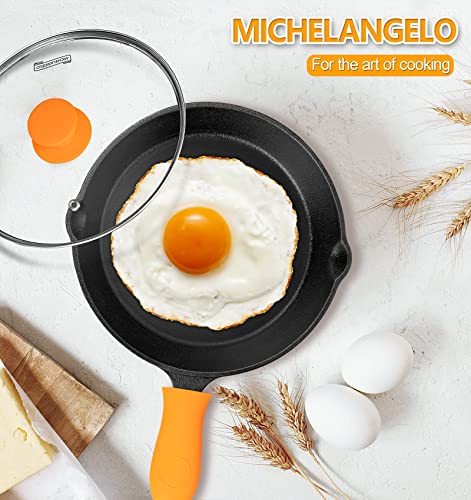 MICHELANGELO Cast Iron Skillet Set 8 Inch & 10 Inch &12 Inch, Preseasoned Cast Iron Skillets With Lid, Iron Skillets for Cooking with Silicone Handle & Scrapers, 8'' & 10" & 12"