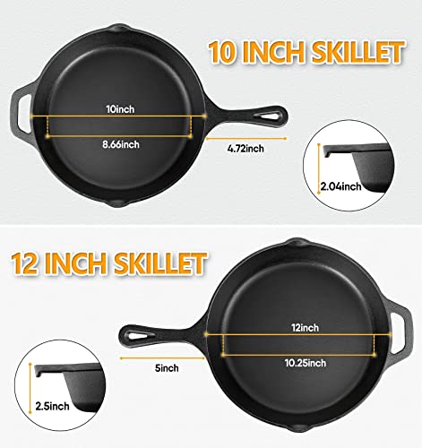 MICHELANGELO Cast Iron Skillet Set 8 Inch & 10 Inch &12 Inch, Preseasoned Cast Iron Skillets With Lid, Iron Skillets for Cooking with Silicone Handle & Scrapers, 8'' & 10" & 12"