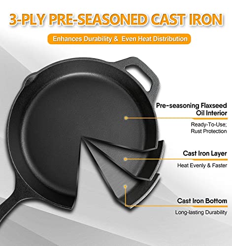 MICHELANGELO Cast Iron Skillet Set 8 Inch & 10 Inch &12 Inch, Preseasoned Cast Iron Skillets With Lid, Iron Skillets for Cooking with Silicone Handle & Scrapers, 8'' & 10" & 12"