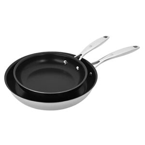 henckels clad impulse 2-pc nonstick pan set, nonstick frying pan set, 3-ply clad stainless steel, mirror finish, dishwasher safe, oven safe, induction stove compatible, teflon