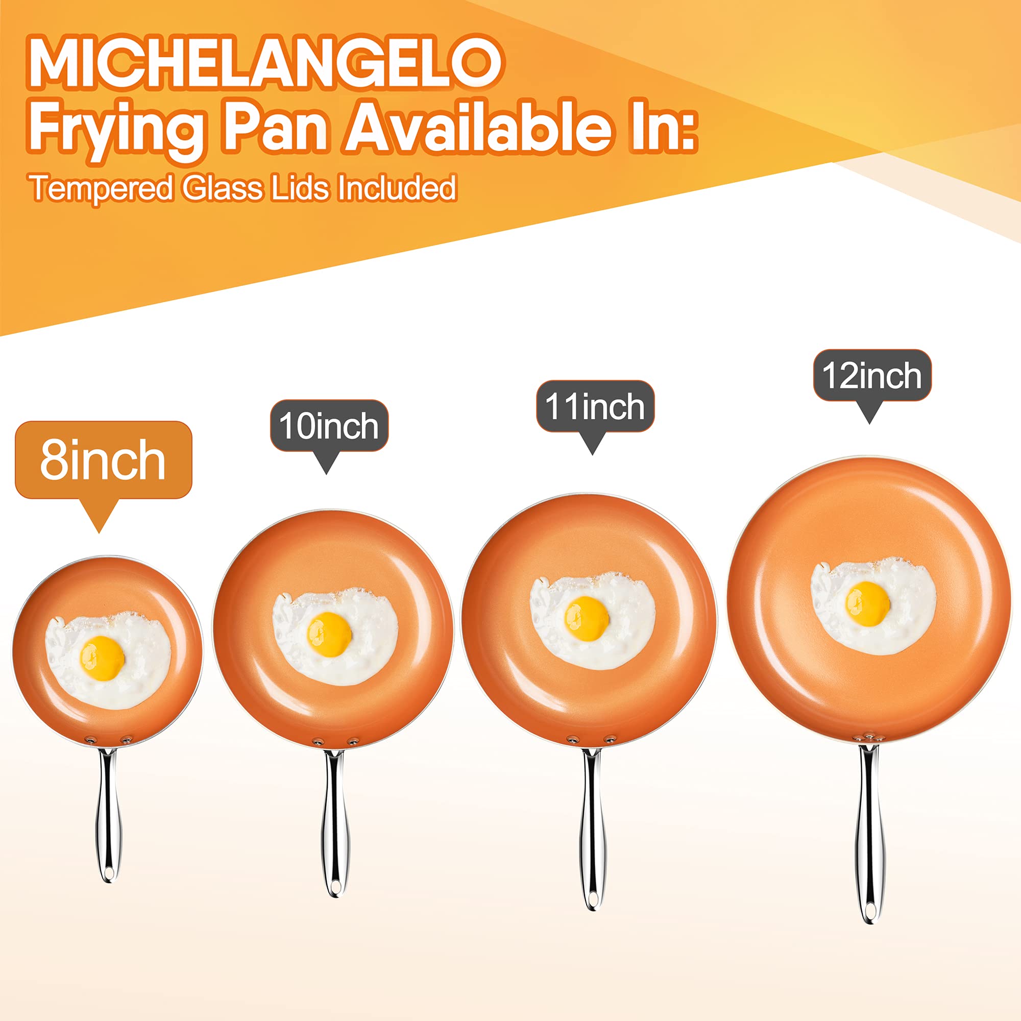 MICHELANGELO 8 Inch + 11 Inch Frying Pan Set, Copper Frying Pan Set with Lid, Nonstick Frying Pan Set, Copper Pans with Lid, Nonstick Skillets with Lid, Ceramic Fry Pan with Lid, 8" + 11"