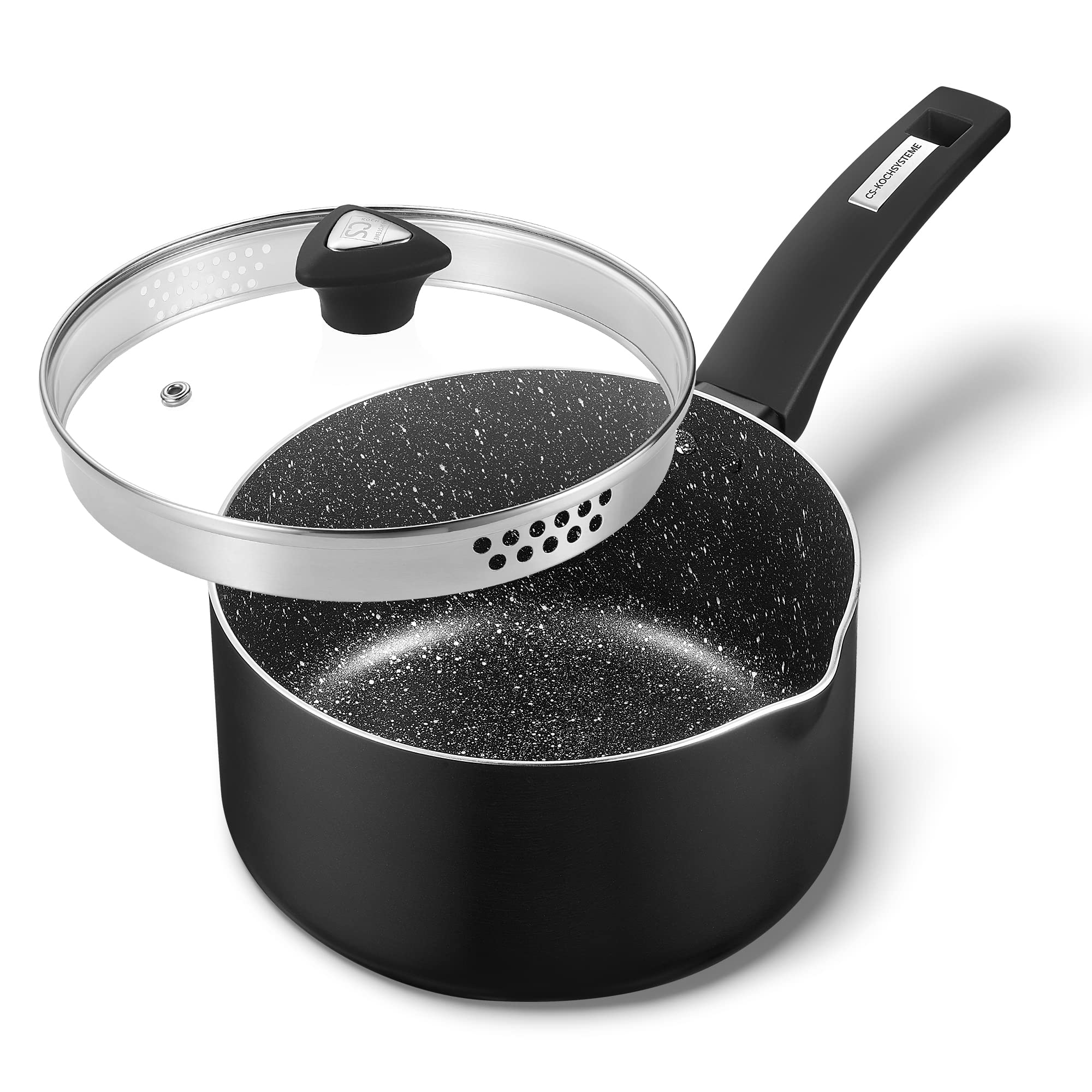 KOCH SYSTEME CS Black 3 Quart Saucepan - 3 QT Pot Black Marble Nonstick Saucepan with Lid, 4.4" Deep Soup Pot, Heating Fast, Easy to Clean, Comfortable Handle, Suitable for All Stovetops