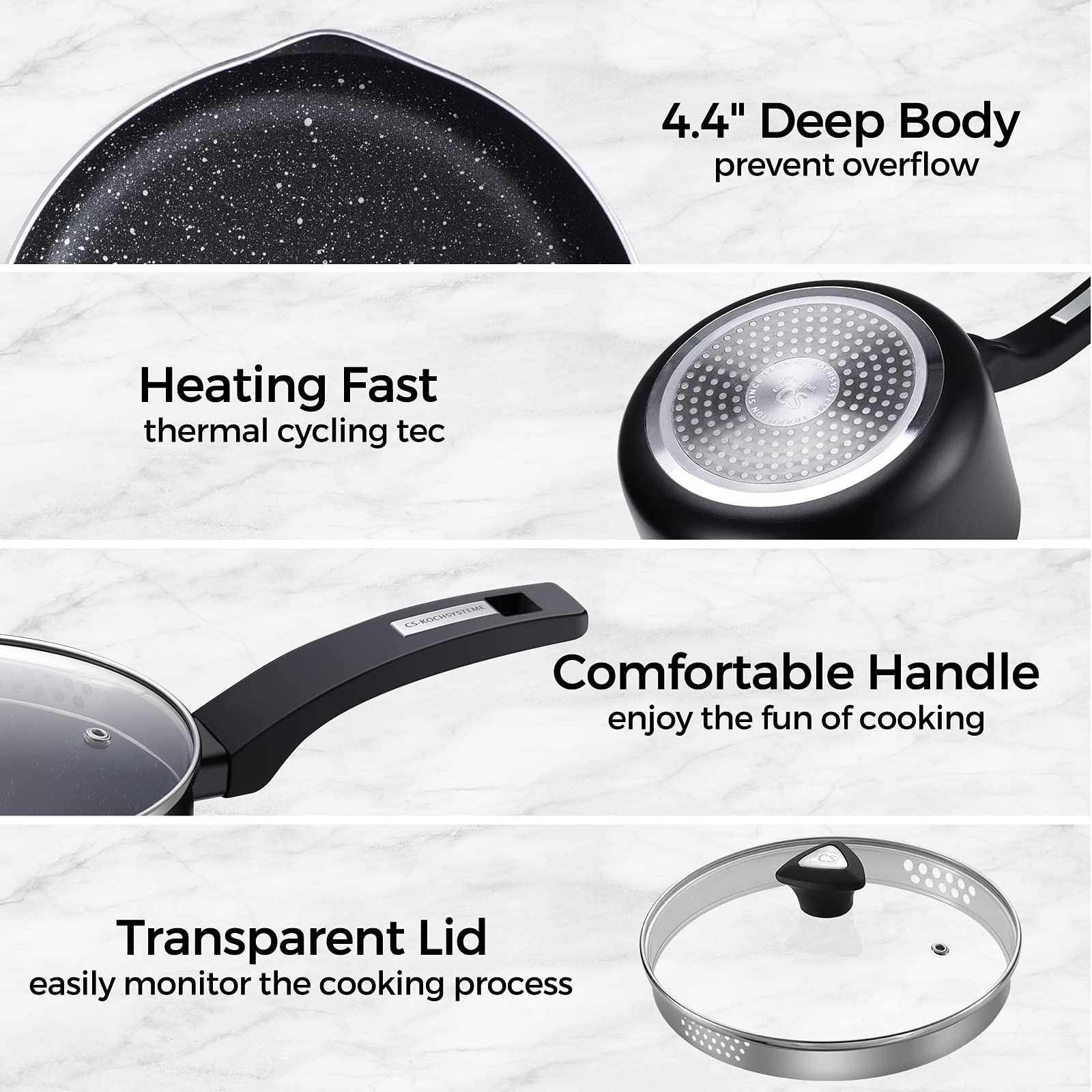 KOCH SYSTEME CS Black 3 Quart Saucepan - 3 QT Pot Black Marble Nonstick Saucepan with Lid, 4.4" Deep Soup Pot, Heating Fast, Easy to Clean, Comfortable Handle, Suitable for All Stovetops