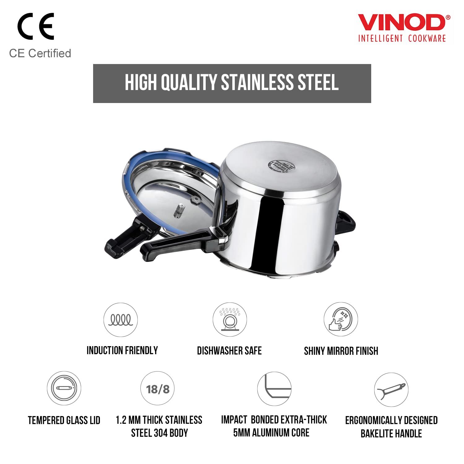 Vinod Pressure Cooker Stainless Steel – Outer Lid - 5 Liter – Induction Base Cooker – Indian Pressure Cooker – Sandwich Bottom – Best Used For Indian Cooking, Soups, and Rice Recipes, Quinoa