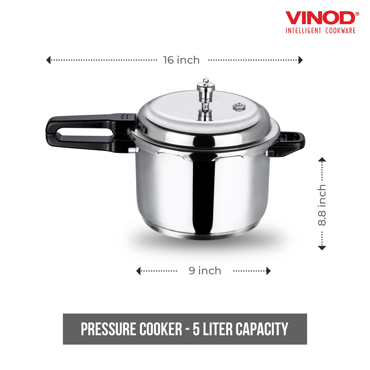 Vinod Pressure Cooker Stainless Steel – Outer Lid - 5 Liter – Induction Base Cooker – Indian Pressure Cooker – Sandwich Bottom – Best Used For Indian Cooking, Soups, and Rice Recipes, Quinoa