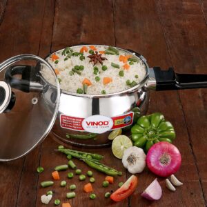 Vinod Pressure Cooker Stainless Steel – Glass Lid Handi Pot - 5.5 Liter – Indian Pressure Cooker – Stove Top Sandwich Bottom – Best Used For Indian Cooking, Soups, and Rice Recipes, Quinoa