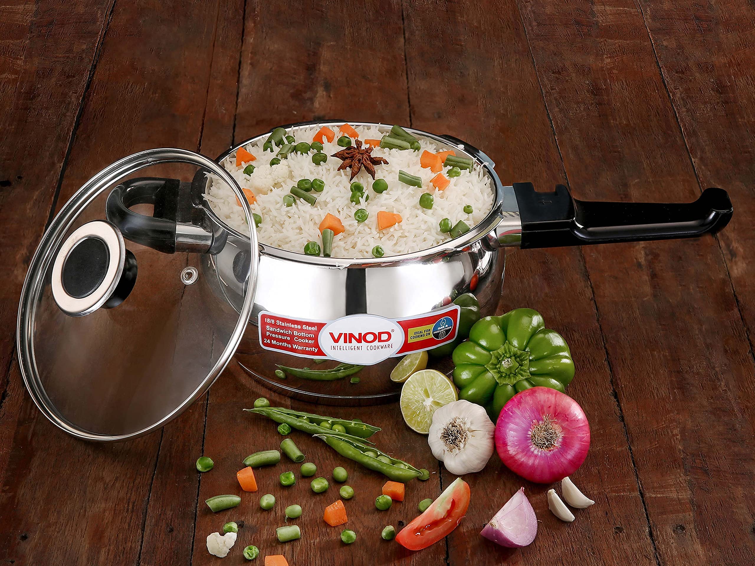 Vinod Pressure Cooker Stainless Steel – Glass Lid Handi Pot - 5.5 Liter – Indian Pressure Cooker – Stove Top Sandwich Bottom – Best Used For Indian Cooking, Soups, and Rice Recipes, Quinoa